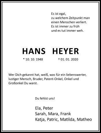 Traueranzeigen von Hans Heyer | Trauer und Gedenken