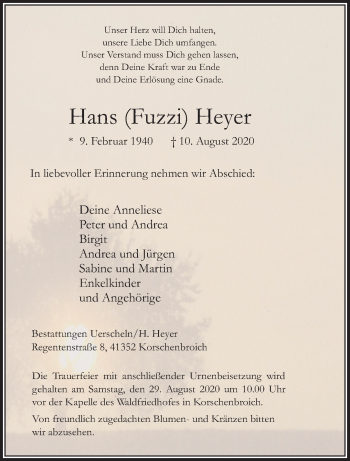 Traueranzeigen von Hans Heyer | Trauer und Gedenken