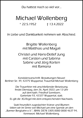 Traueranzeigen von Michael Wollenberg | Trauer und Gedenken
