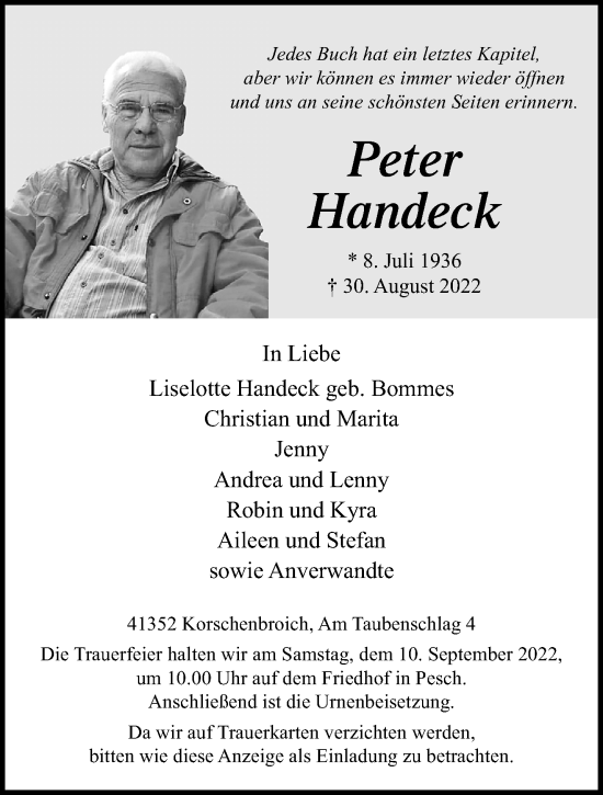 Traueranzeigen von Peter Handeck | Trauer und Gedenken