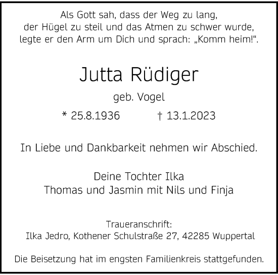 Traueranzeigen von Jutta Rüdiger | Trauer und Gedenken
