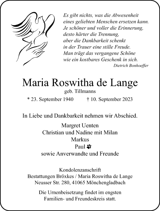 Traueranzeigen von Maria Roswitha de Lange | Trauer und Gedenken