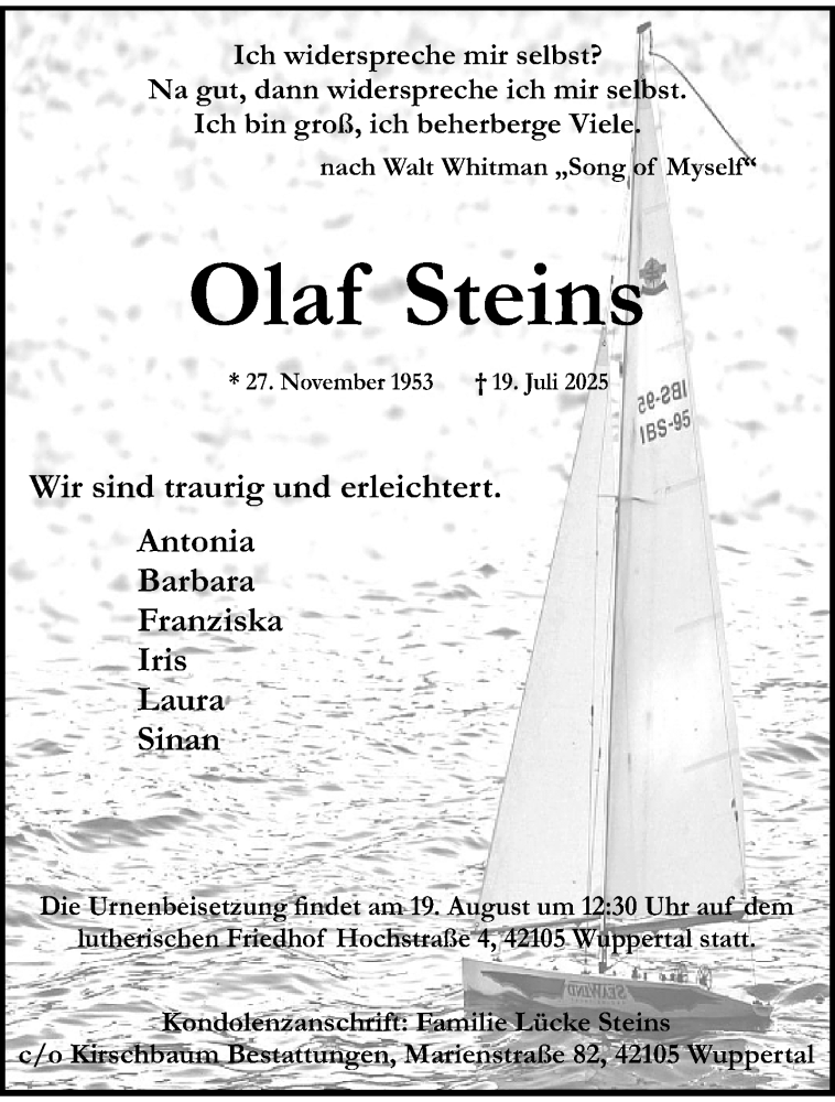 Traueranzeigen von Olaf Steins | Trauer und Gedenken